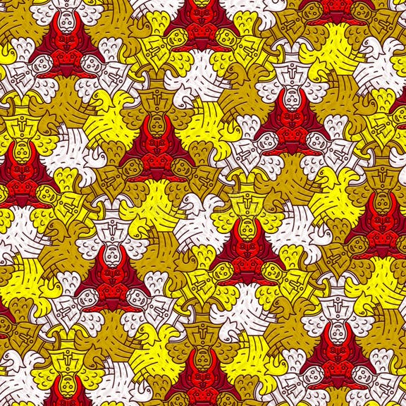 Pattern with Stylized Angels, Devils and Birds - Relief Stock ...