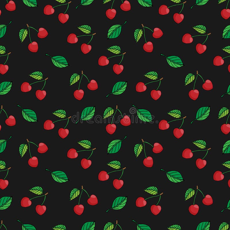 Pattern Summer Berries Cherry with Leaves on Black Stock Vector ...