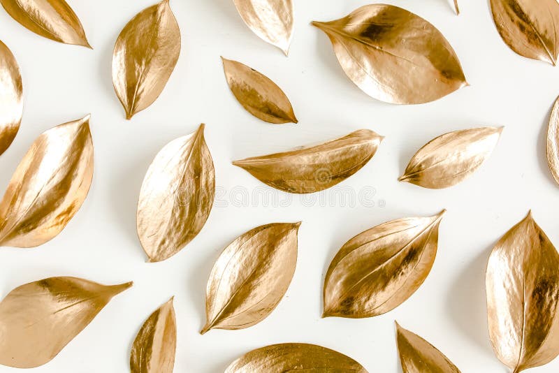 Pattern, Texture with Gold Leaves Isolated on White Background. Flat ...