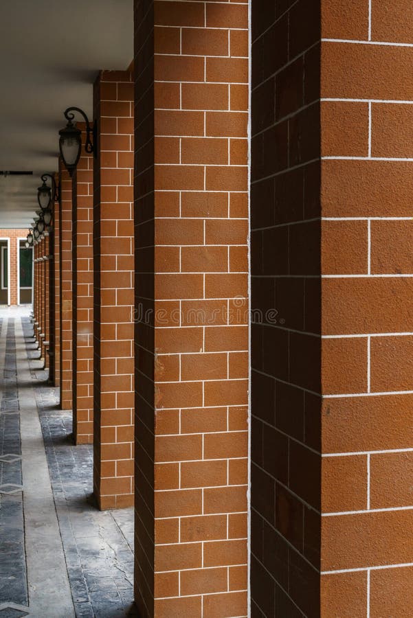 Pattern of Red Brick Columns and Electrical Lamps Stock Photo - Image ...
