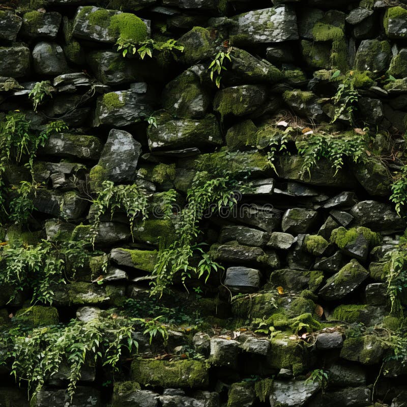 Pattern of Textured Stone Wall with Dark Green Moss for Background or ...