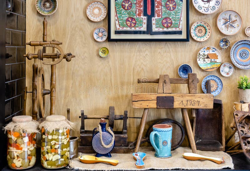 Background with Traditional Elements, Clay Plates, Pickle Jars and ...
