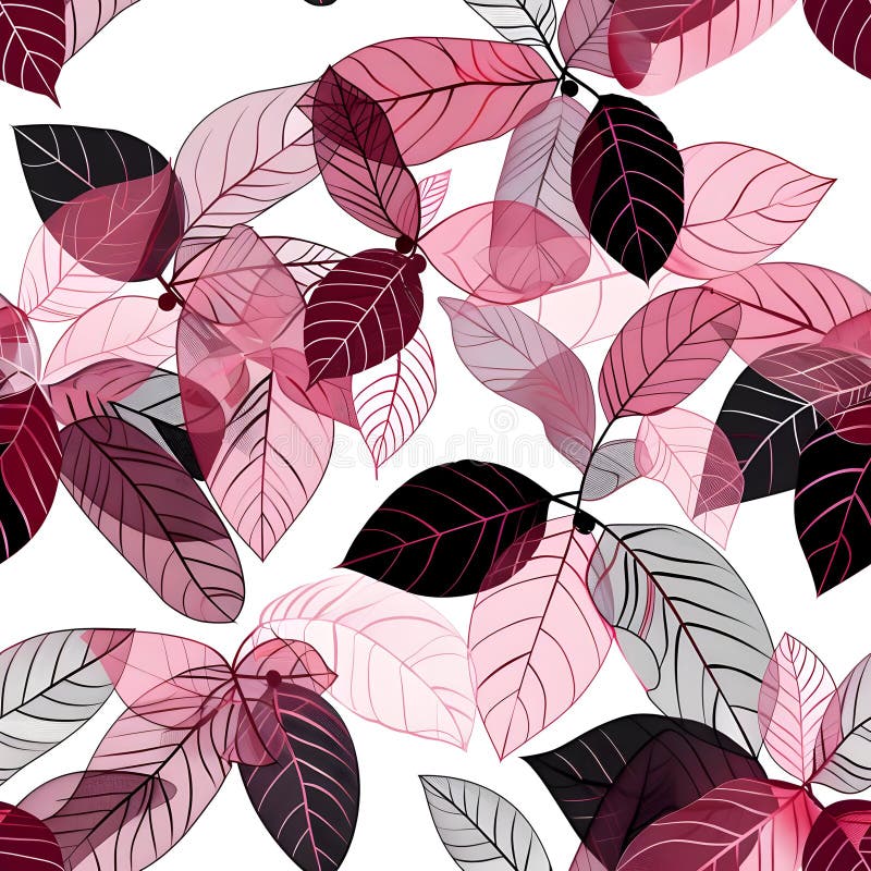 A Pattern of Translucent Leaves in Shades of Pink and Black on a White ...