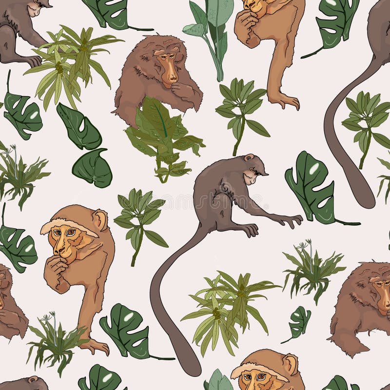 Pattern Tropical Leaves and Monkey. Exotic Jungle Wallpaper. Pastel ...