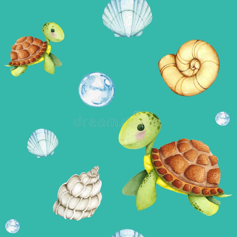 Pattern Turtle in the Sea,shell. Watercolor Illustration Stock ...
