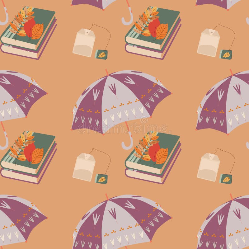 Pattern with Umbrella, Book, Leaves, Tea. Hello Autumn Stock Vector ...