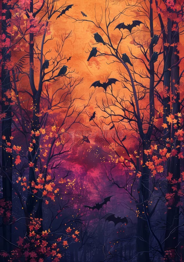 A Pattern Using Autumn Trees and Eerie Halloween Elements Like Bats ...