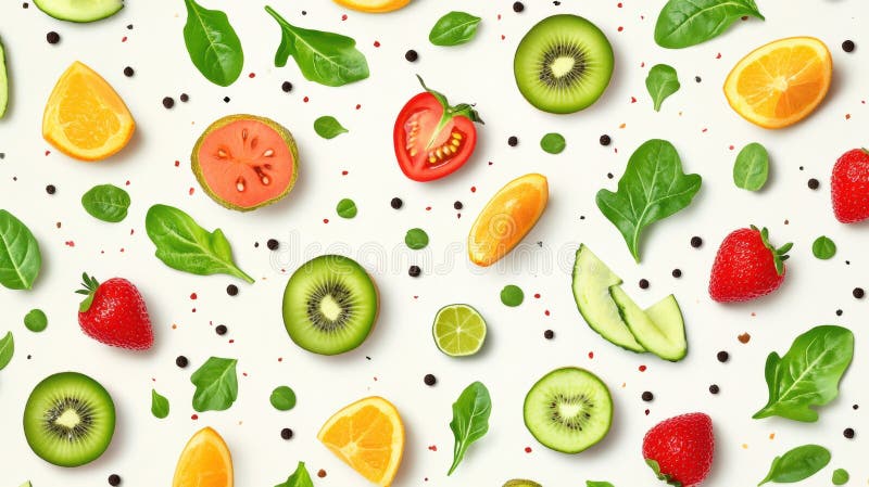 A Pattern of a Variety of Fruits and Vegetables on White Background, AI ...