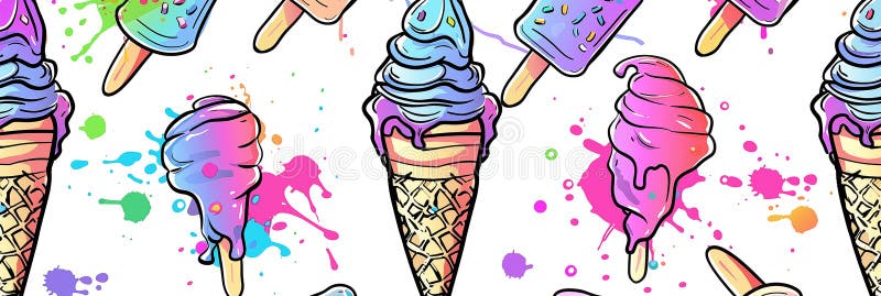 Pattern with Variety of Ice Cream Designs on White Background Banner ...