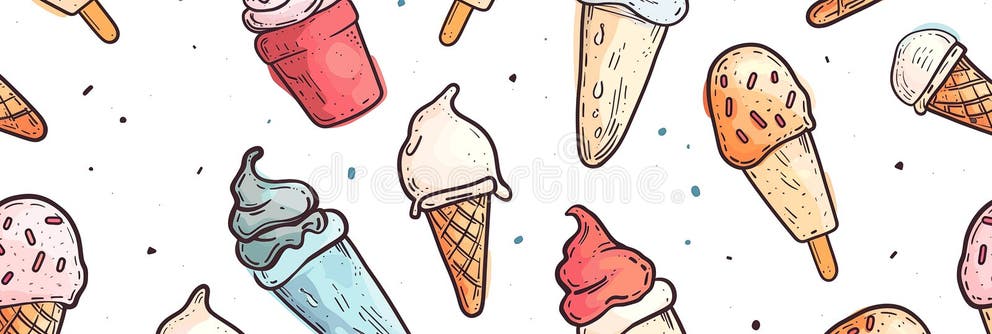 Pattern with Variety of Ice Cream Designs on White Background Banner ...