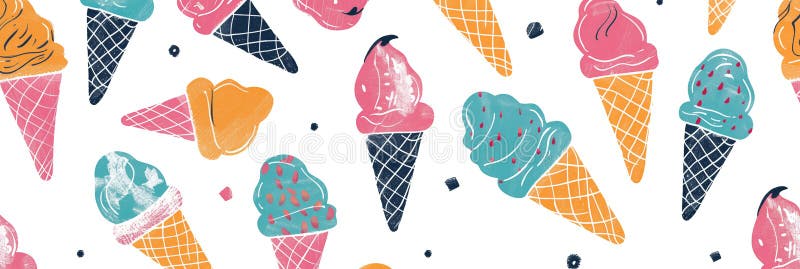 Pattern with Variety of Ice Cream Designs on White Background Banner ...