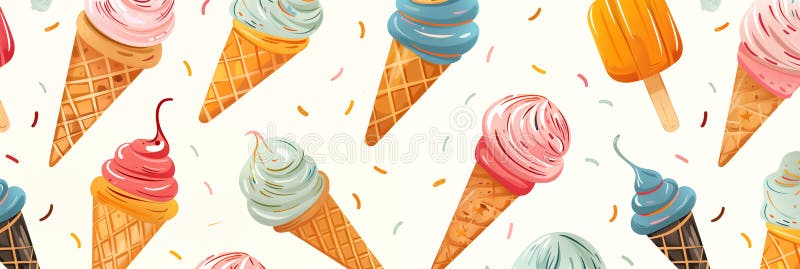 Pattern with Variety of Ice Cream Designs on White Background Banner ...