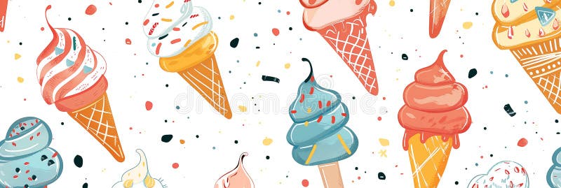 Pattern with Variety of Ice Cream Designs on White Background Banner ...