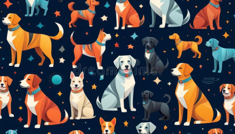 Pattern of Various Dog Breeds on Dark Background Stock Illustration ...
