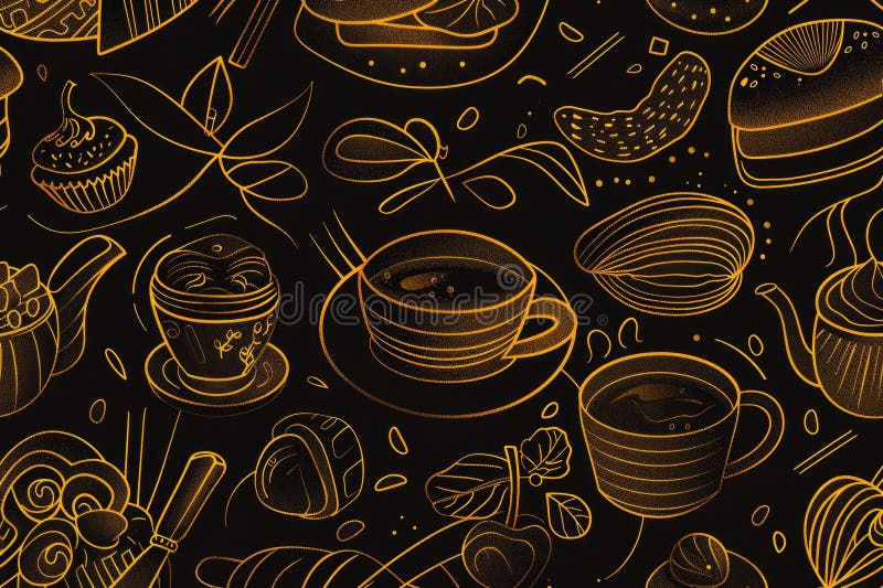 Pattern of Various Foods and Drinks in Black and Gold Colors Stock ...