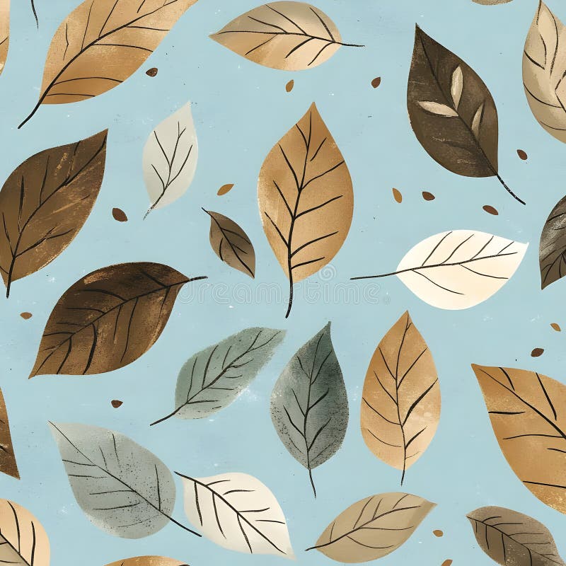 A Pattern of Various Leaves in Earthy Tones Against a Light Blue ...