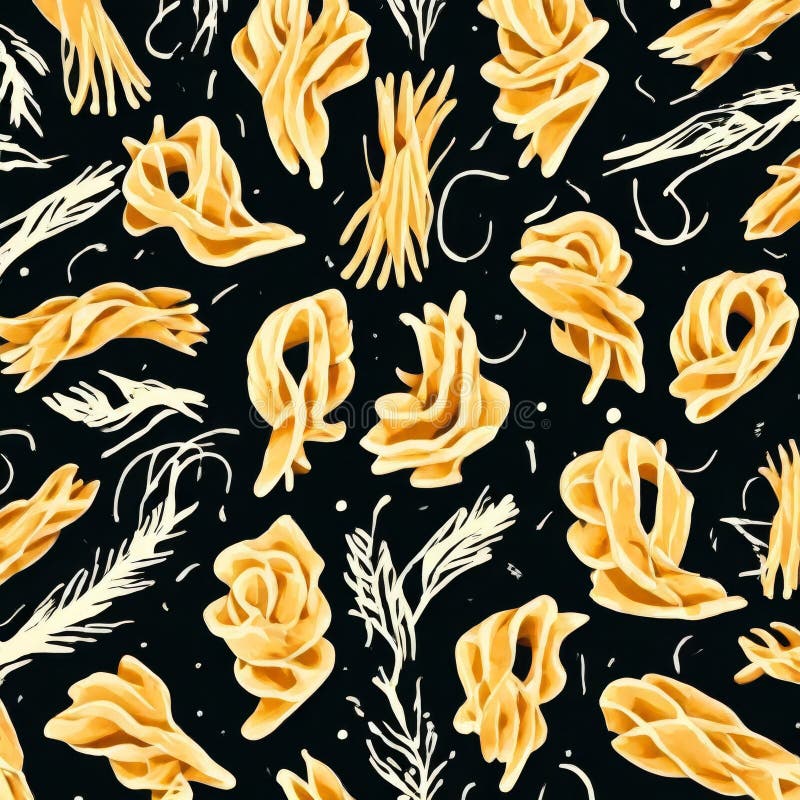 Pattern of Various Types of Pasta with Herbs on Black Background Stock ...