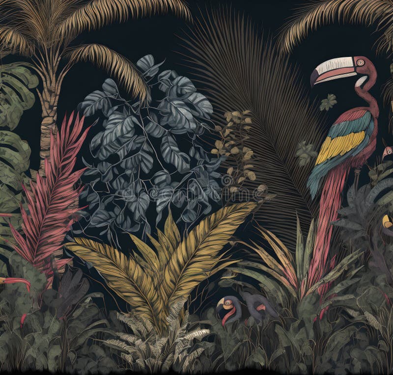 Pattern Wallpaper Jungle Tropical Drawings of Palms Tre Stock ...