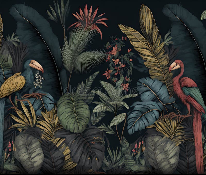 Pattern Wallpaper Jungle Tropical Drawings of Palms Tre Stock Illustration - Illustration of ...