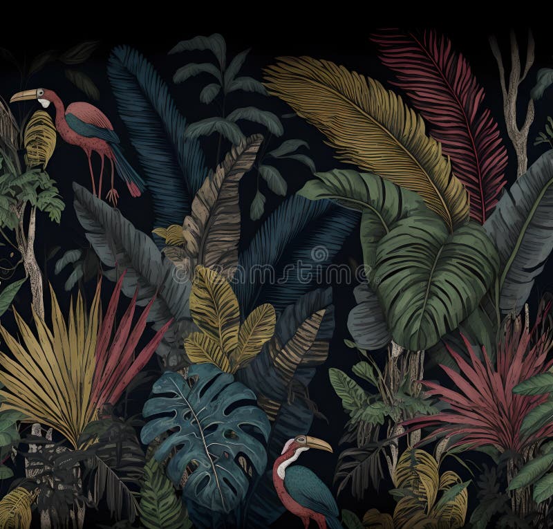 Pattern Wallpaper Jungle Tropical Drawings of Palms Tre Stock ...