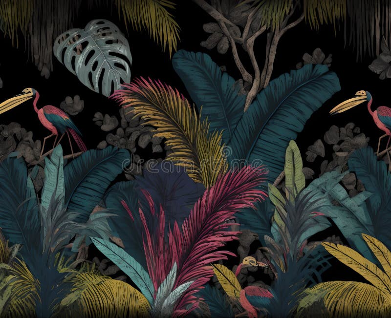 Pattern Wallpaper Jungle Tropical Drawings of Palms Tre Stock ...