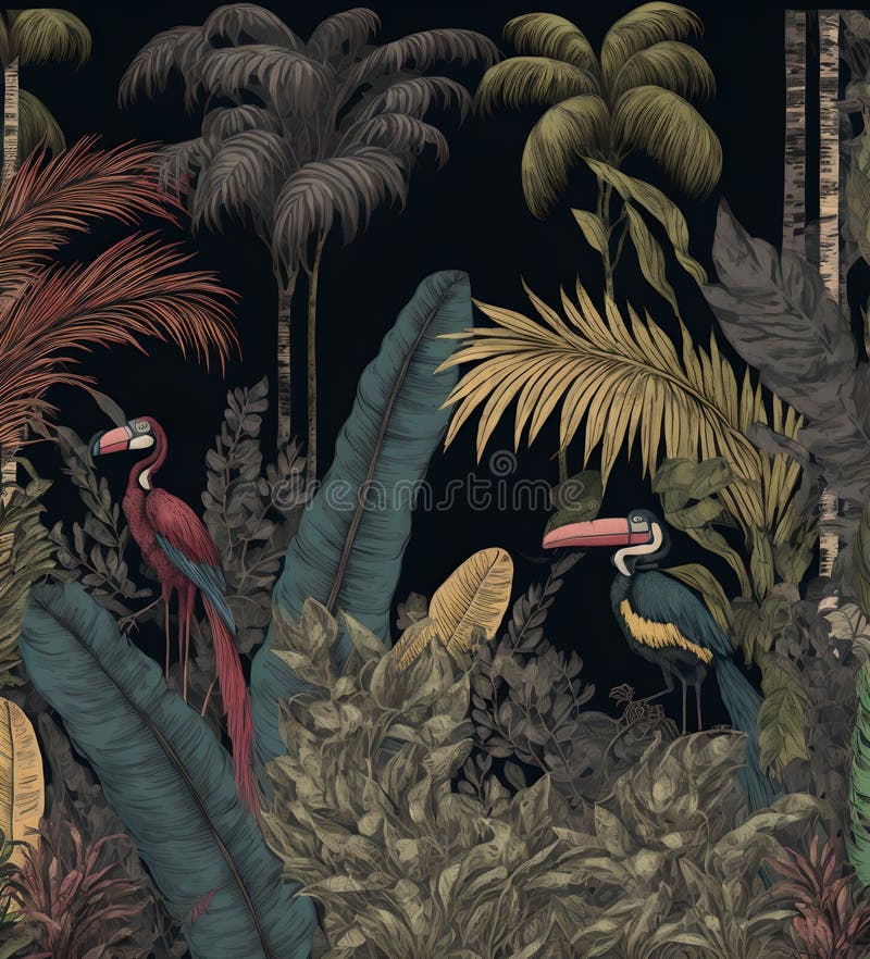 Pattern Wallpaper Jungle Tropical Drawings of Palms Tre Stock ...