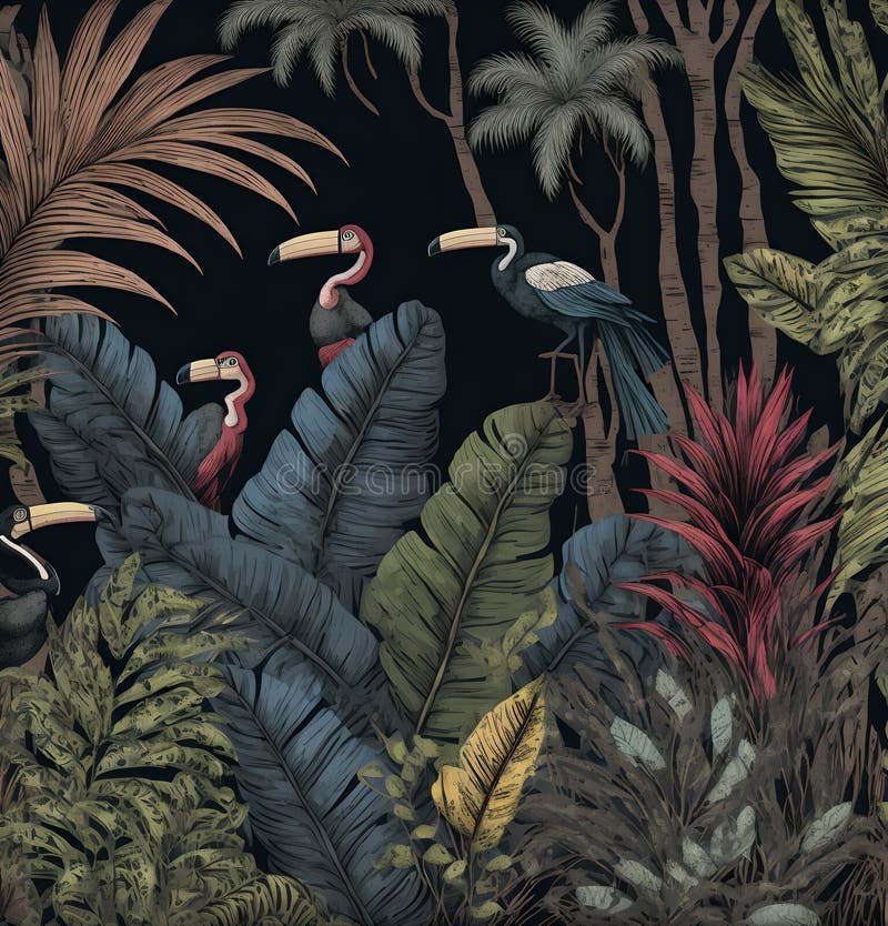 Pattern Wallpaper Jungle Tropical Drawings of Palms Tre Stock ...