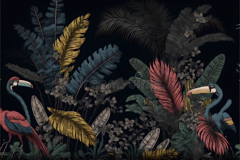 Pattern Wallpaper Jungle Tropical Drawings of Palms Tre Stock ...