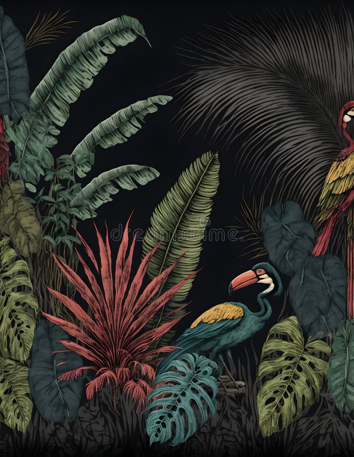 Pattern Wallpaper Jungle Tropical Drawings of Palms Tre Stock ...