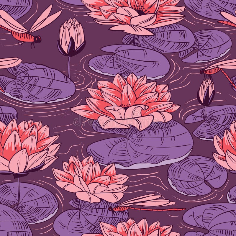 Pattern with a water lily stock vector. Illustration of retro - 67380280