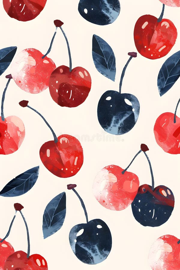 Pattern of Watercolor Red and Blue Cherries with Leaves Stock Image ...