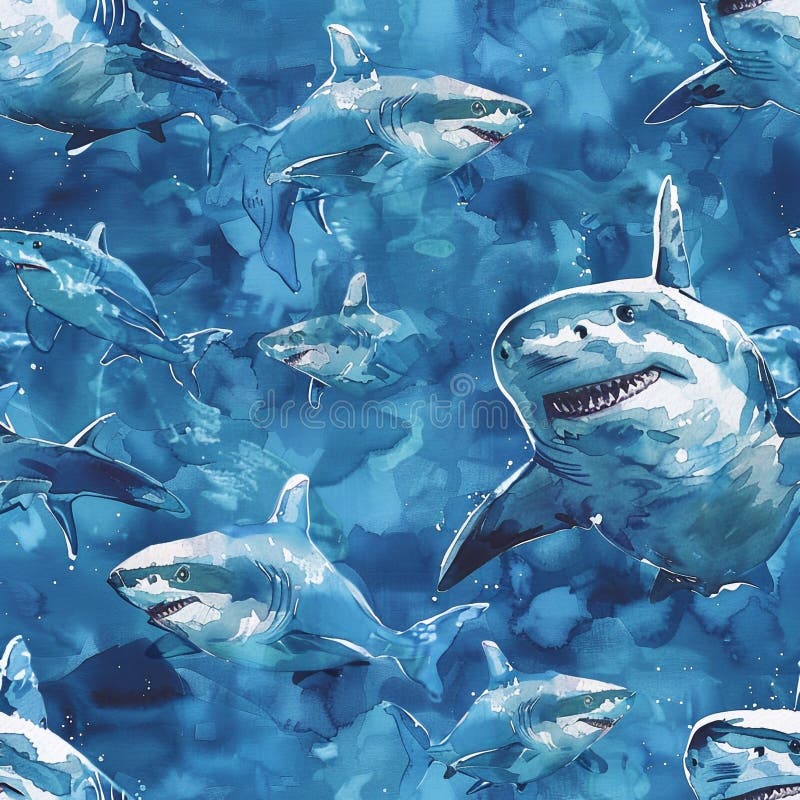 Pattern with Watercolor Sharks. Water World Pattern for Children Stock ...