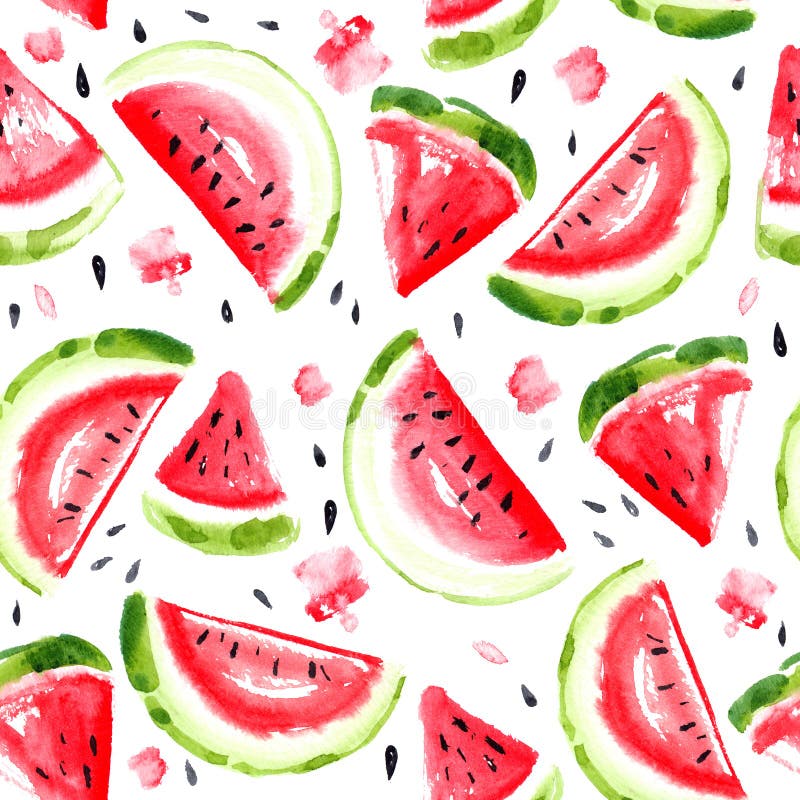 Pattern Watermelons Painted with Watercolors on White Background ...