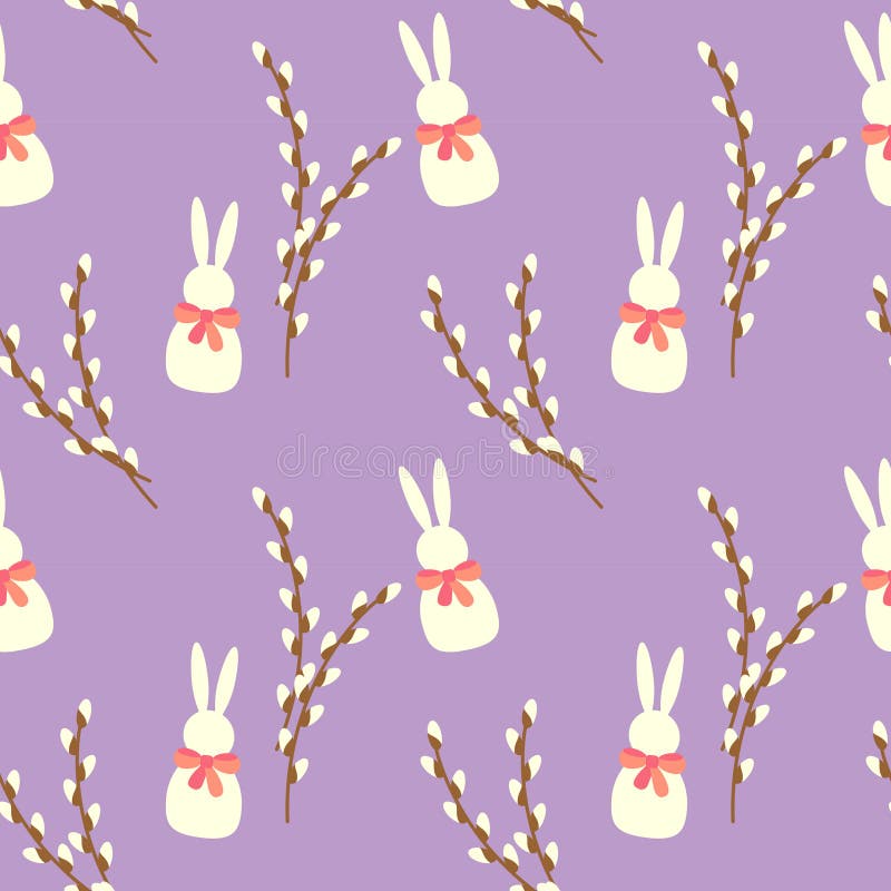 Pattern of White Bunny and Willow Branches on Soft Purple Background ...
