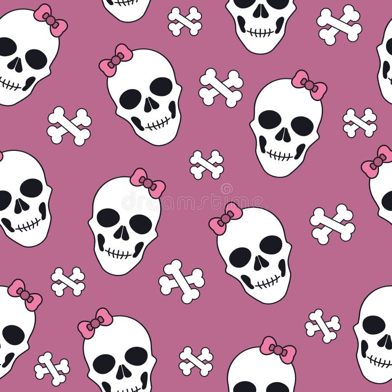 Pattern with White Skulls with a Pink Bow and Bones Stock Vector ...