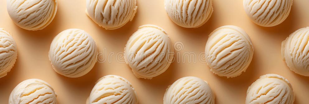Pattern of White Vanilla Ice Cream Scoops on Beige Background Banner ...