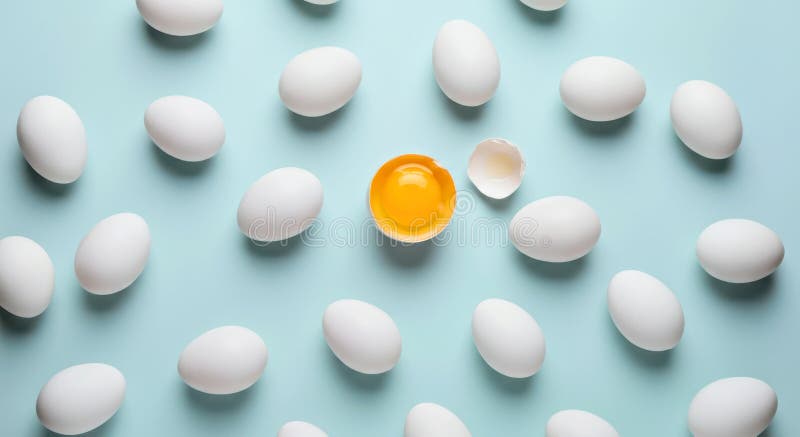 Pattern of Whole and Cracked Eggs on Light Blue Background with Yolk ...