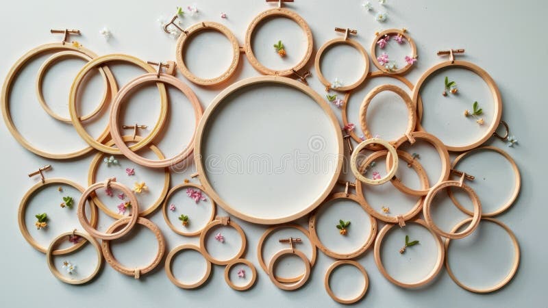 Pattern of Wooden Embroidery Hoops with Colorful Flowers on White ...