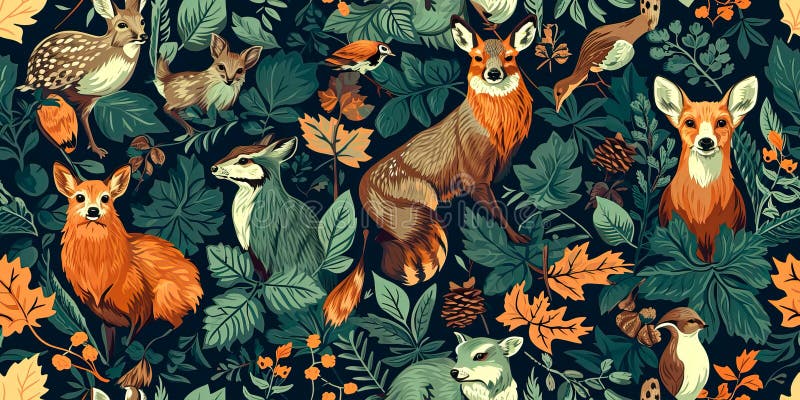 Pattern with a Woodland-inspired Design, Featuring Forest Animals and ...