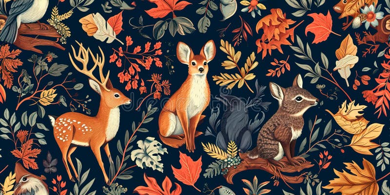 Pattern with a Woodland-inspired Design, Featuring Forest Animals and ...