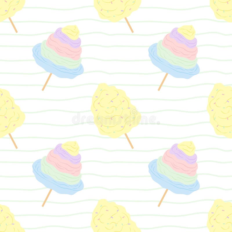 Pattern with Yellow and Rainbow Cotton Candy on White Striped ...