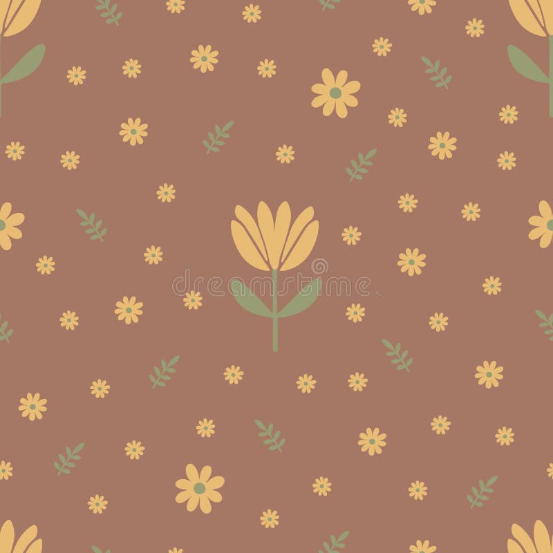 Pattern of Yellow Tulip, Daisies and Leaves on a Mocha Mousse ...