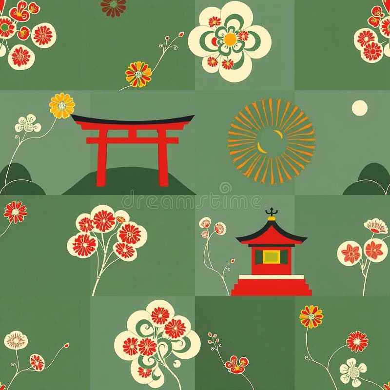 Patterned Artwork Featuring a Series of Traditional Japanese Symbols ...