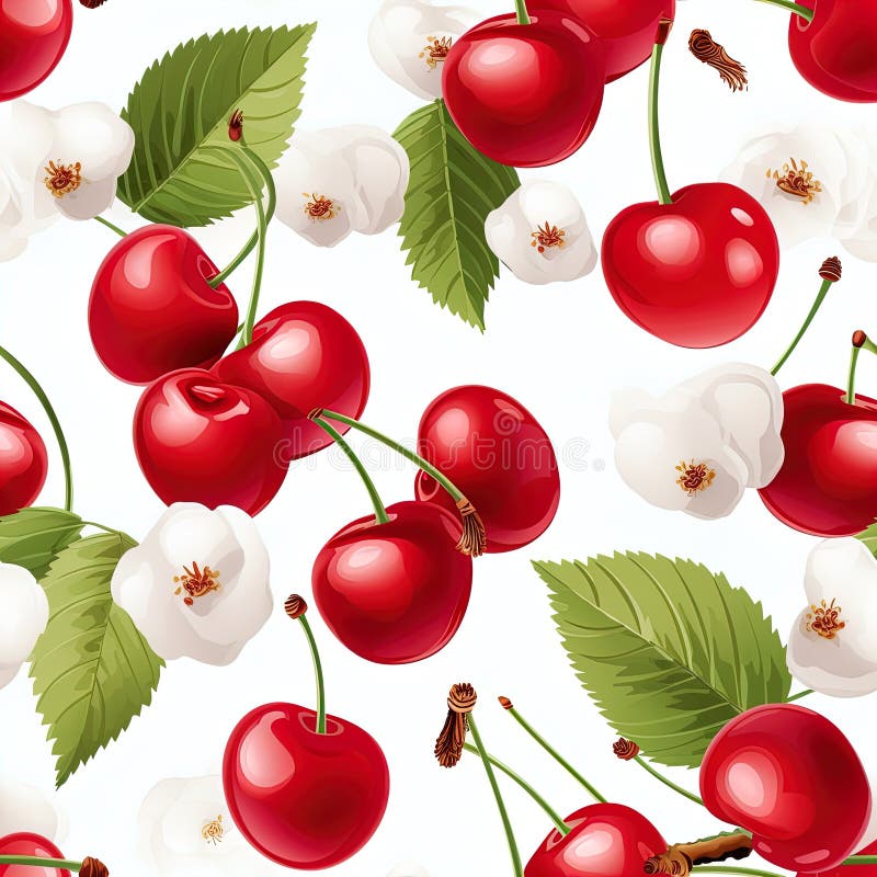 Patterned Background with Cherry Fruit Illustration Set. Fruit Pattern ...