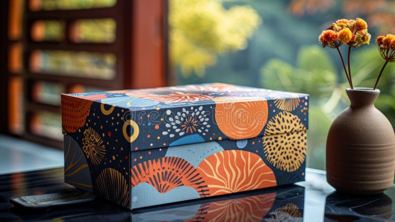 Patterned Colorful Gift Box on Table Stock Photo - Image of storage ...