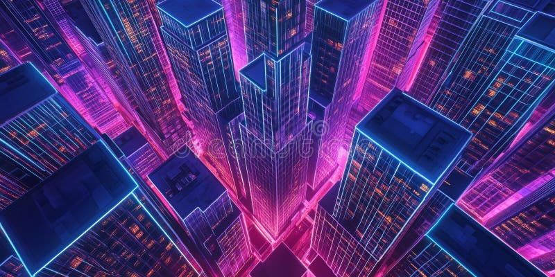 Patterned Layout of Skyscrapers with Neon Lights Stock Illustration ...