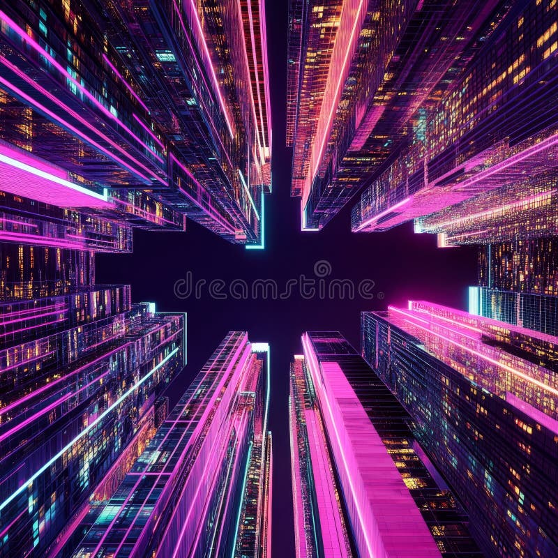 Patterned Layout of Skyscrapers with Neon Lights Stock Illustration ...
