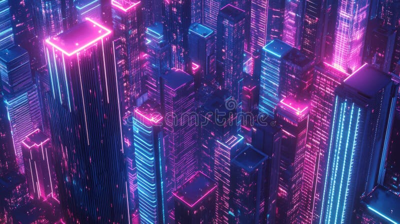 Patterned Layout of Skyscrapers with Neon Lights Stock Illustration ...