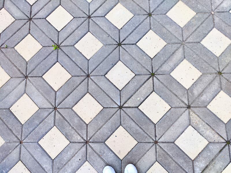 Patterned Pavement Tiles with Geometric Shapes and Small Grass Patches ...