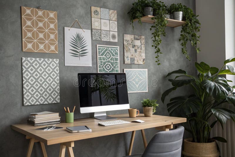 Patterned Posters Above Desk with Computer in Grey Office Stock ...